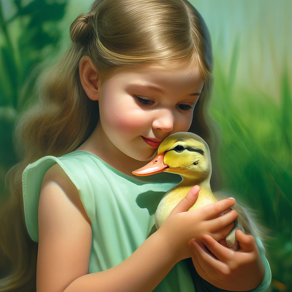 "A girl in a light cotton sleeveless dress, squinting, holds a small ...