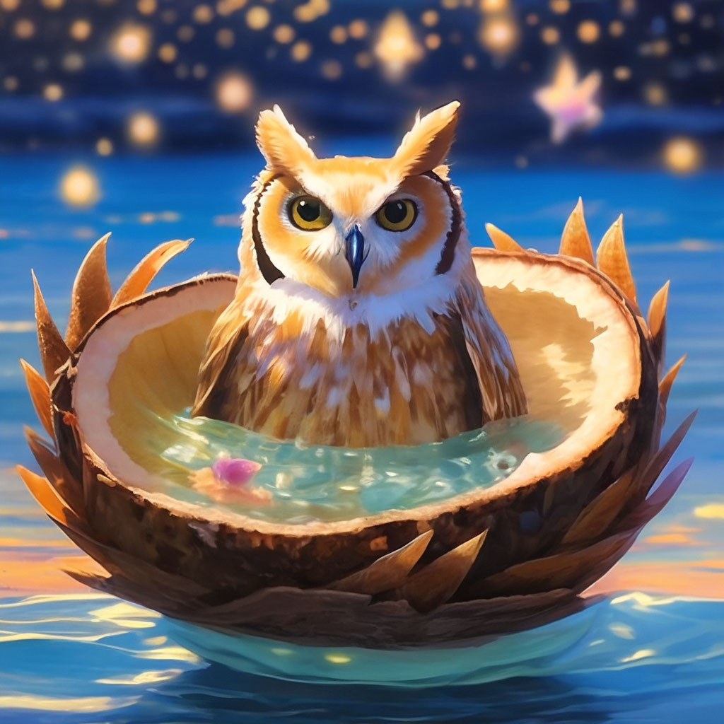 "An owl floats on the sea in a coconut shell, beautiful, glitter ...