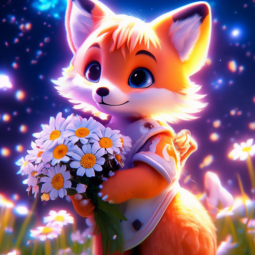 "Very cute beautiful, very fluffy, fox carries a bouquet of daisies ...