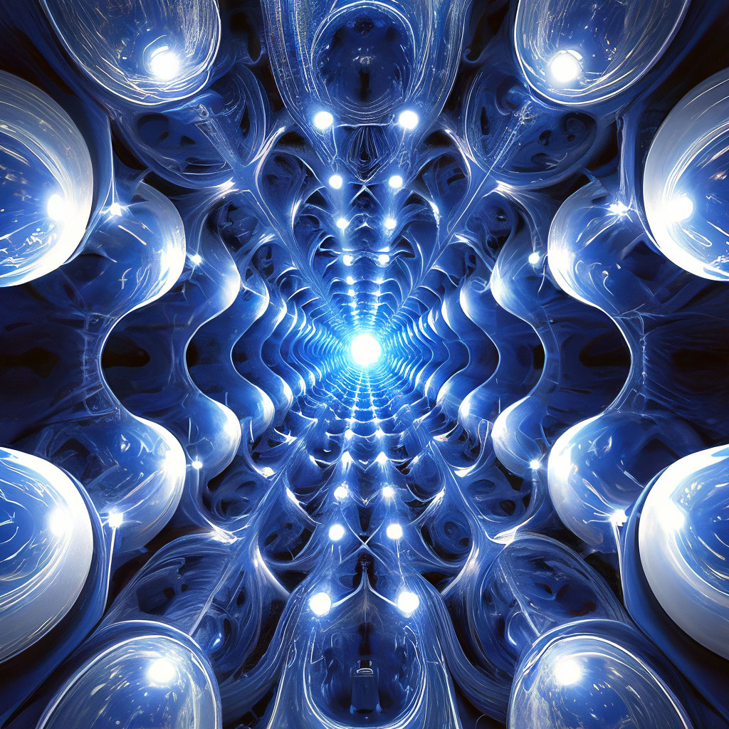 "Blue symmetrical fractal pipes extending into the distance to the ...