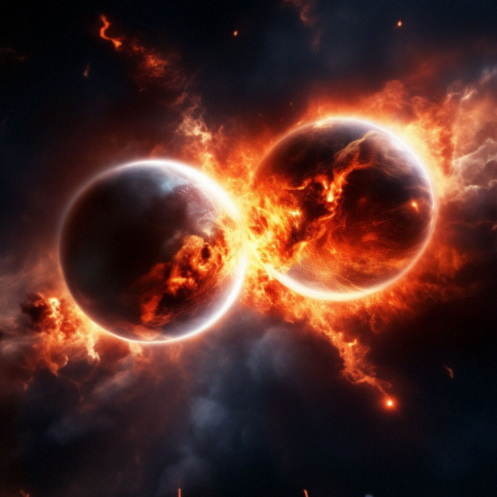 ". Two planets collide in space, epic scale, global, cosmic, explosion ...