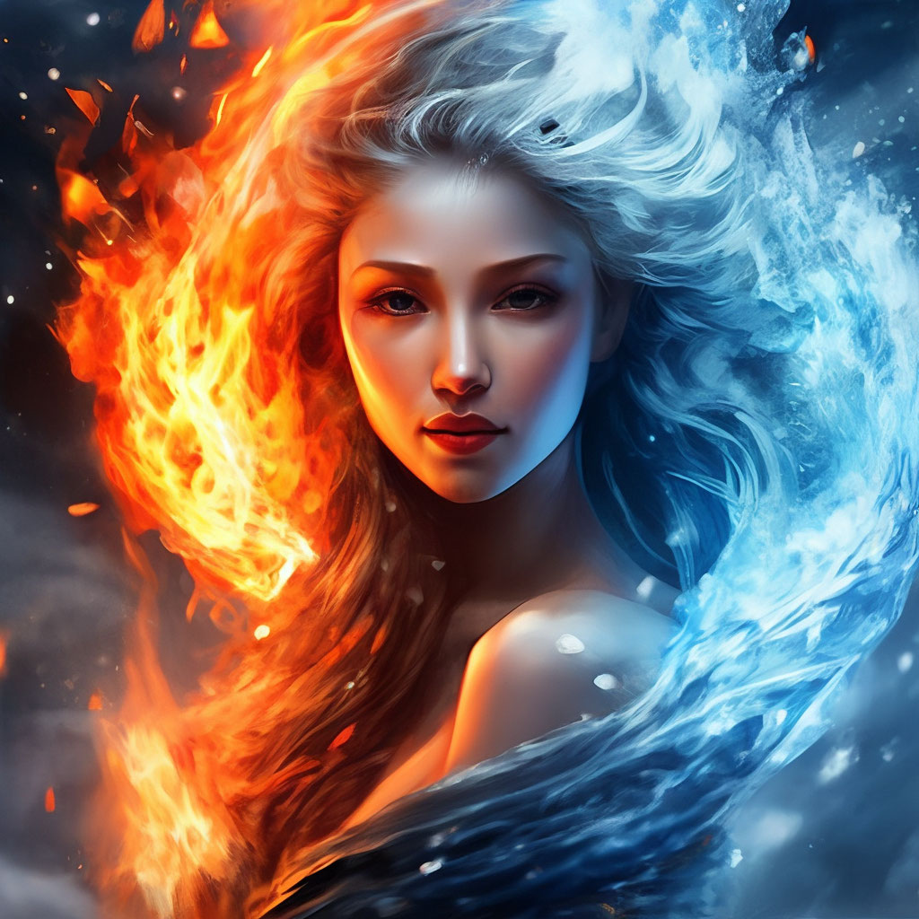 "Fire and ice, girl, element" — image created in Shedevrum