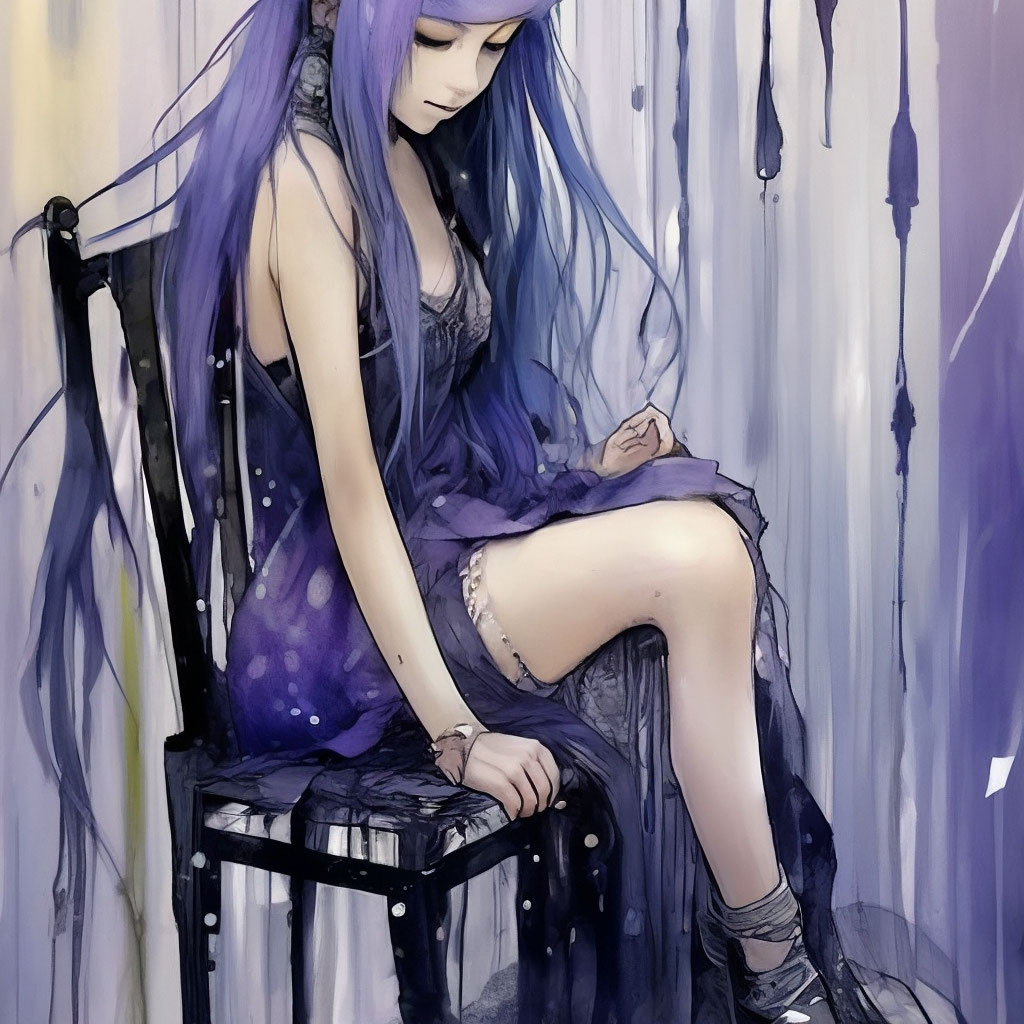 "Beautiful emo girl with colored long hair,thin dress, stage, chair ...