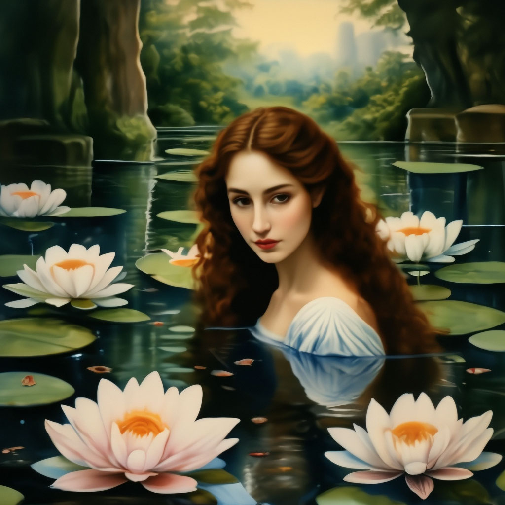 "Nymphs in a lake covered with lilies in the style of Leonardo da Vinci ...