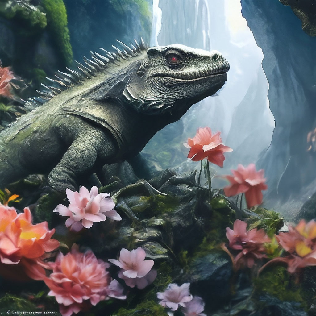 "Landscape stone cave, big lizard, flowers, herbs, dark botanical, high ...