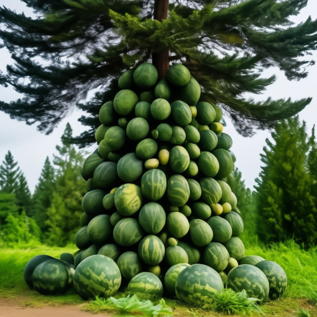 "A large fir tree on which watermelons and melons grow" — image created ...