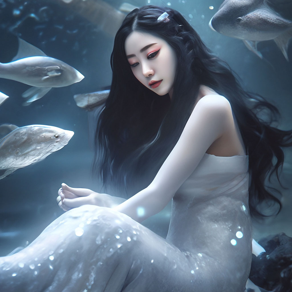 "Surrealism, double exposure, chongguk mermaid fish girl, sitting ...