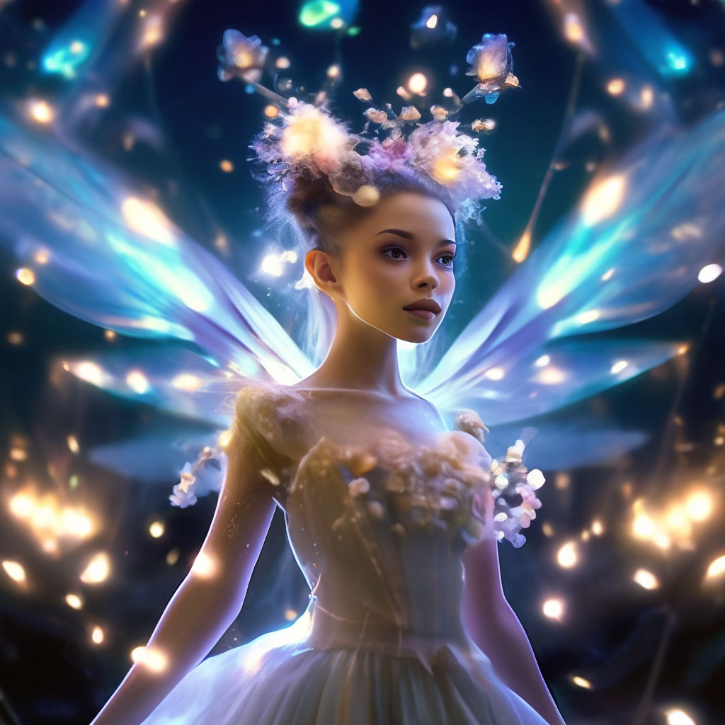 "Tim Burton, a beautiful fairy soars in the air, elf ears, hair in a ...