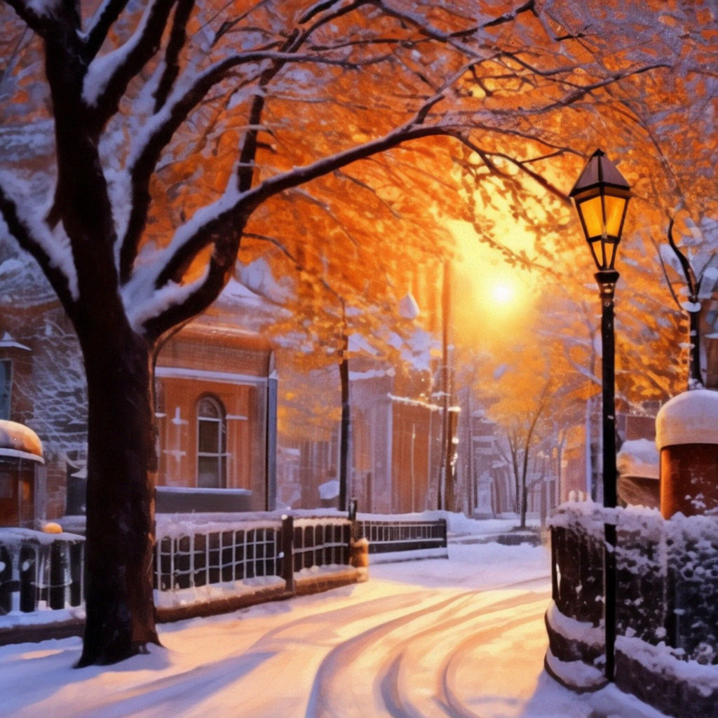 "Good snowy morning! snow falls asleep in the morning city, the sun ...