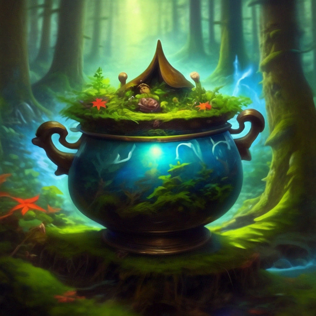 "A magic pot in the middle of the forest" — image created in Shedevrum