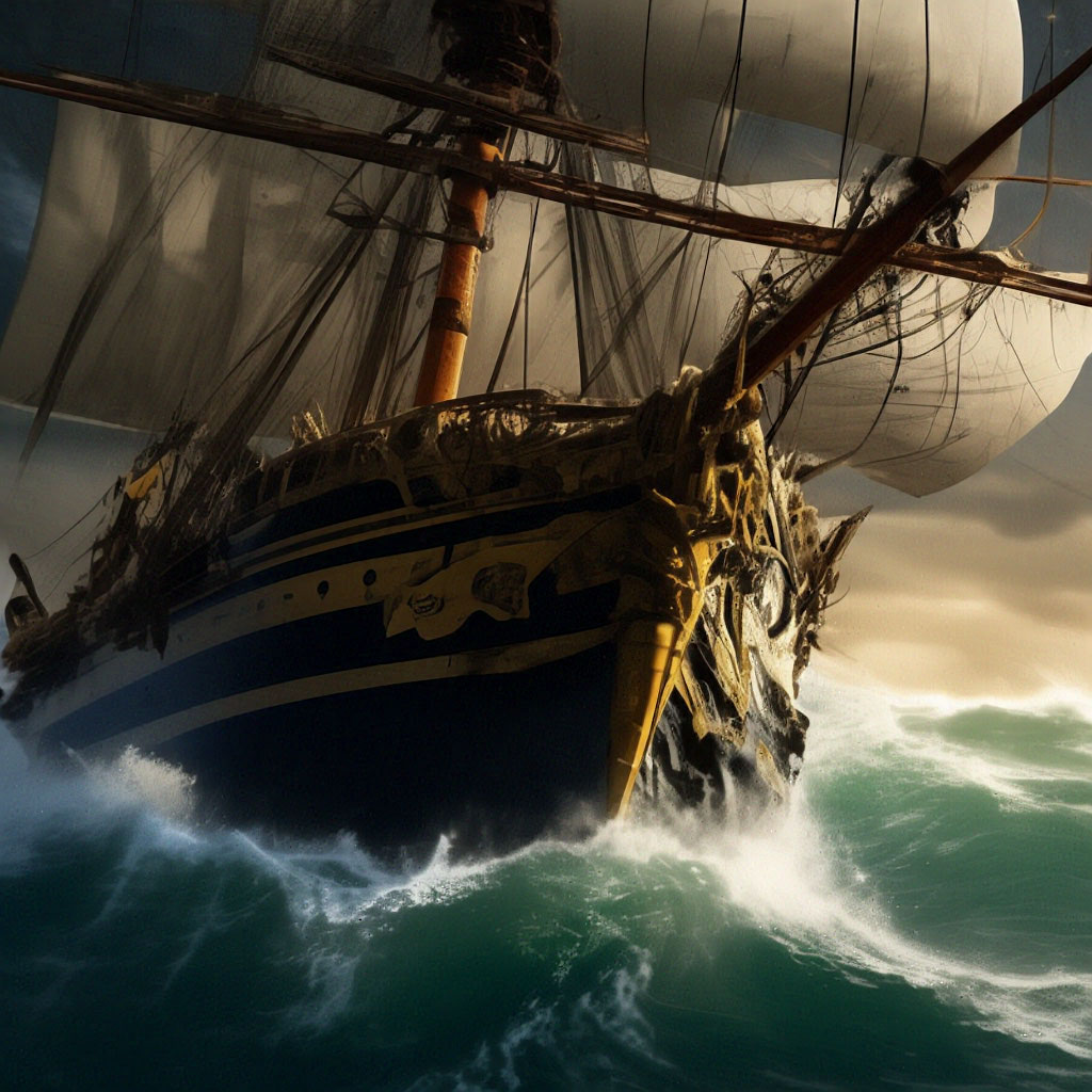 "Ocean, storm, ninth wave, close-up, magnificent sailing ship, disaster ...