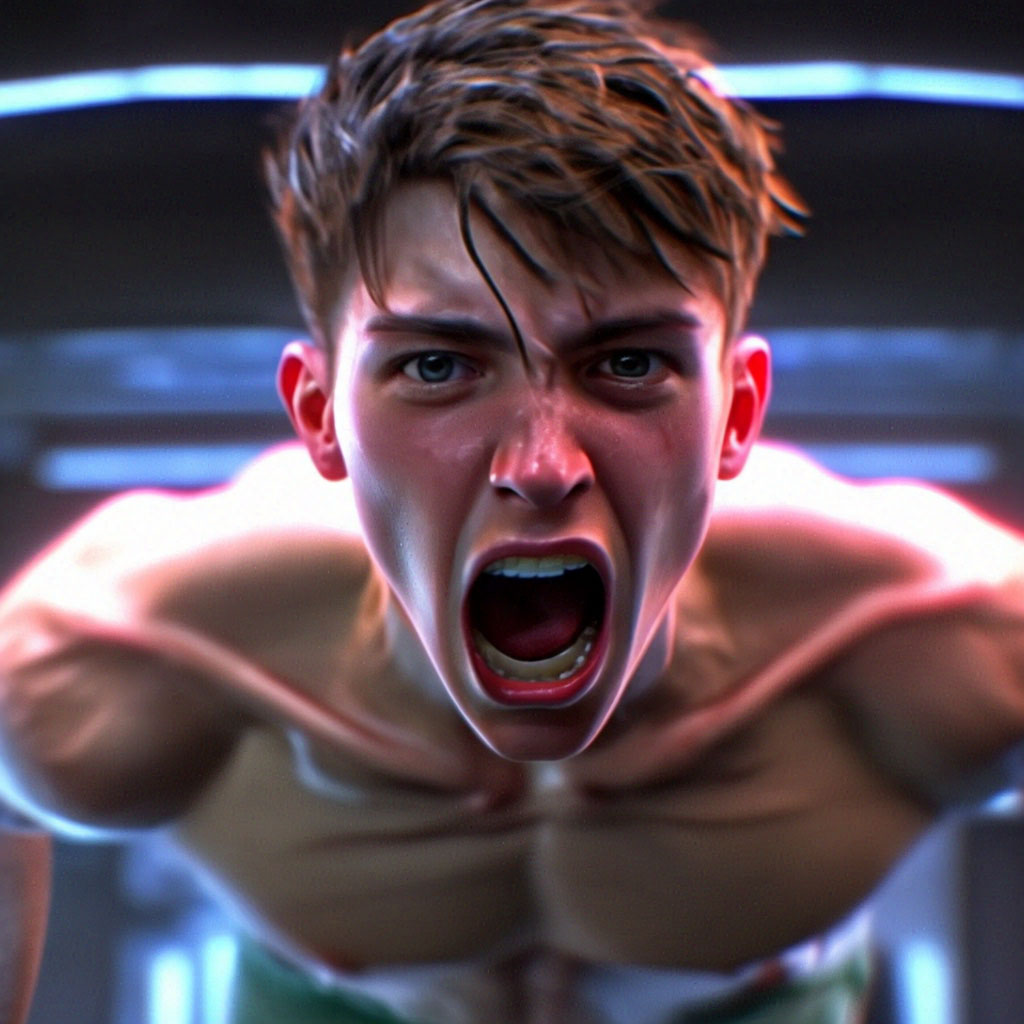 "Skinny guy, 18 years old, beautiful face, rage and anger, anger,hatred ...