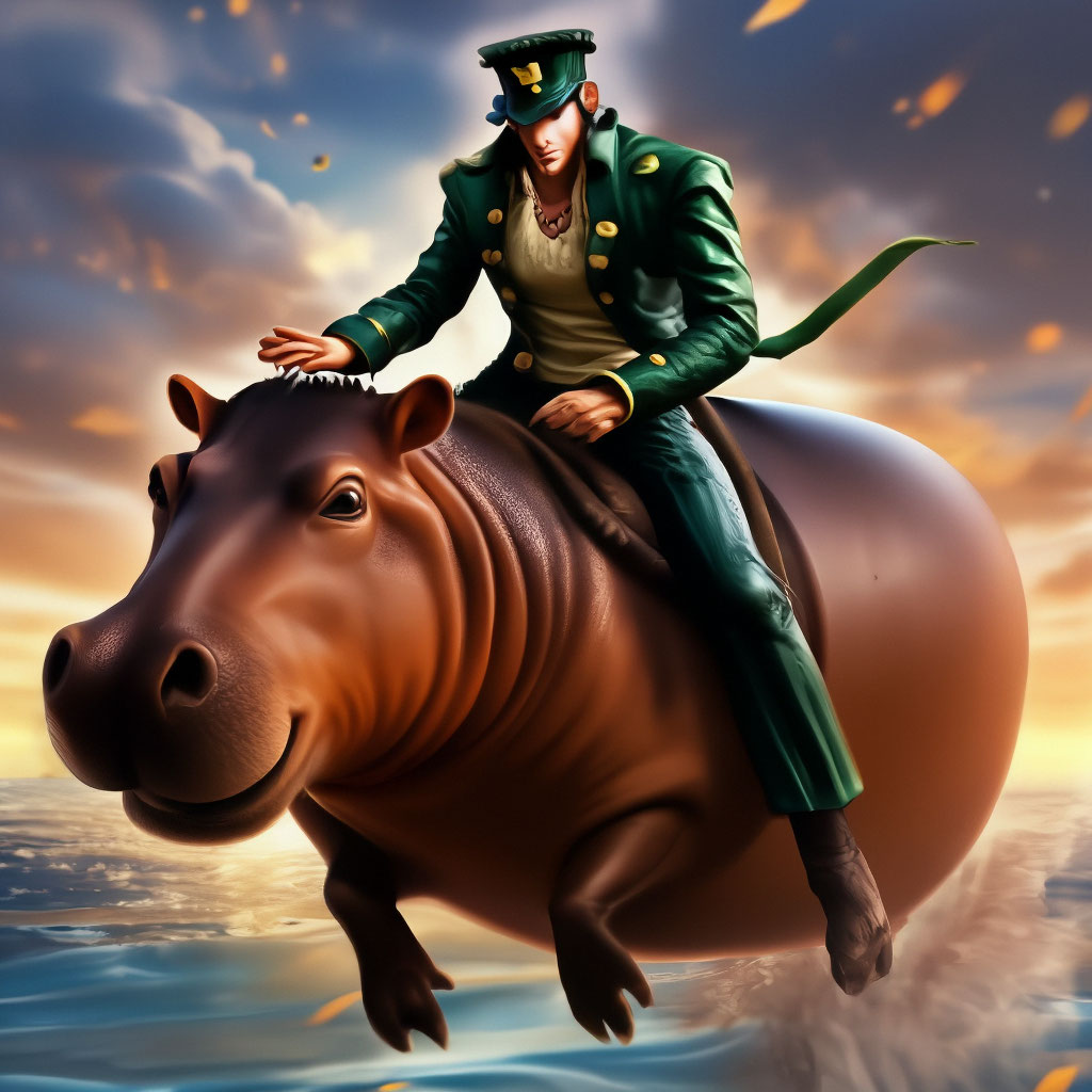 "Jotaro is flying on a hippopotamus that is on a capybara" — image ...