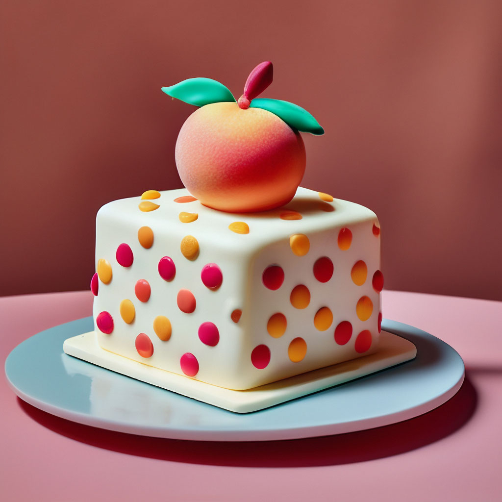 "Square peach cake with a peach figurine and white chocolate, polka ...