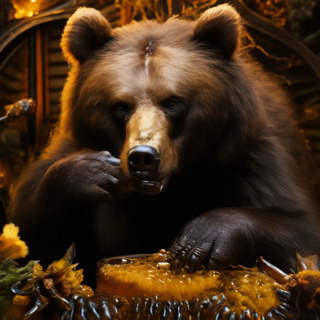 "Bear eats honey from honeycombs, bushes, bees, botanical art ...