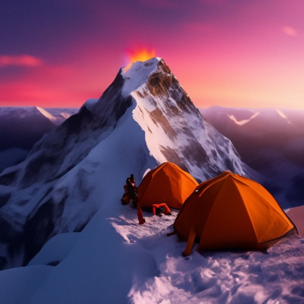 "Climbing mount Everest, golden hour, a group of climbers in the ...