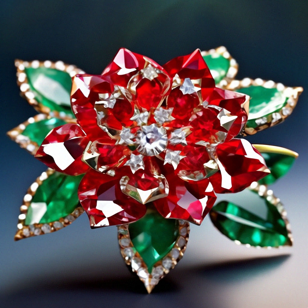 "A scarlet flower made of rubies and diamonds, emerald leaves ...