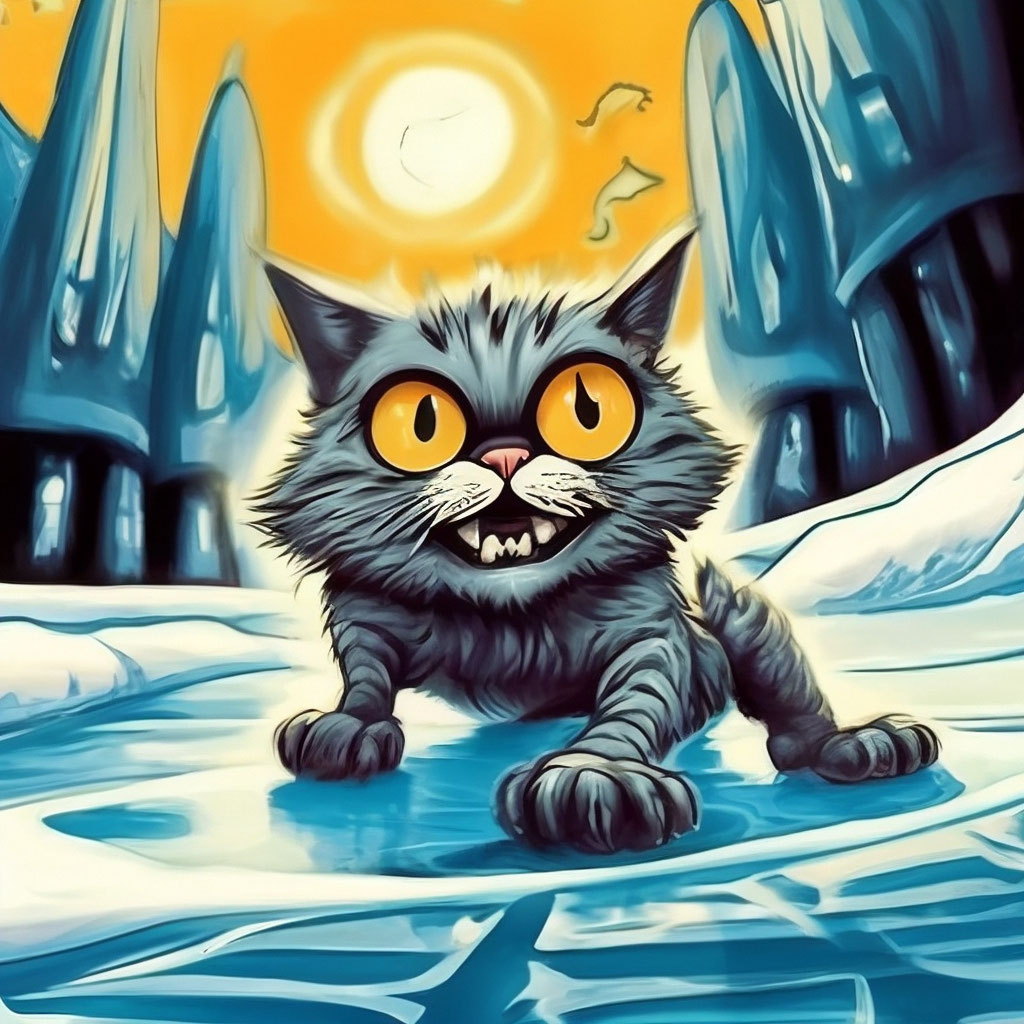 "Funny cartoon a mangy cat with bulging eyes slides on ice illustration ...