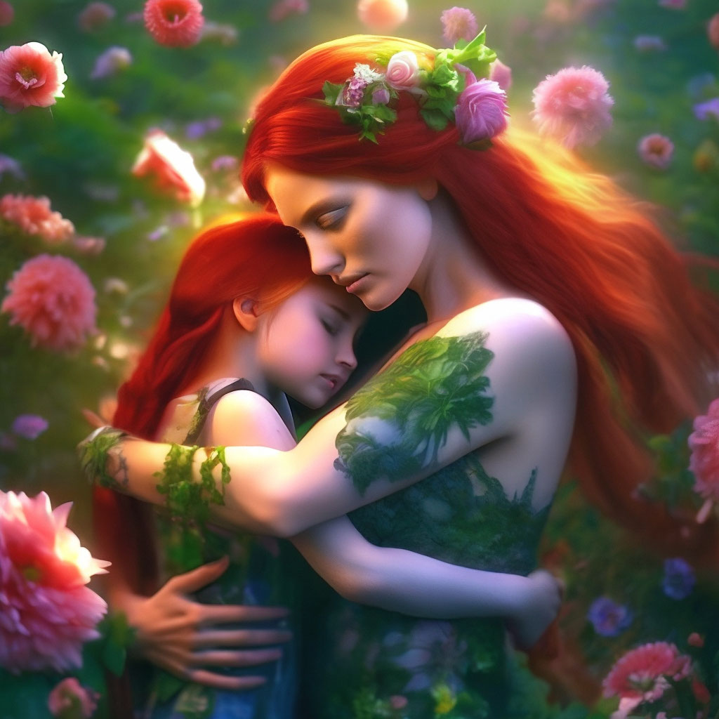 "Mother earth Gaia hugs her daughter, back, humanization of planet ...