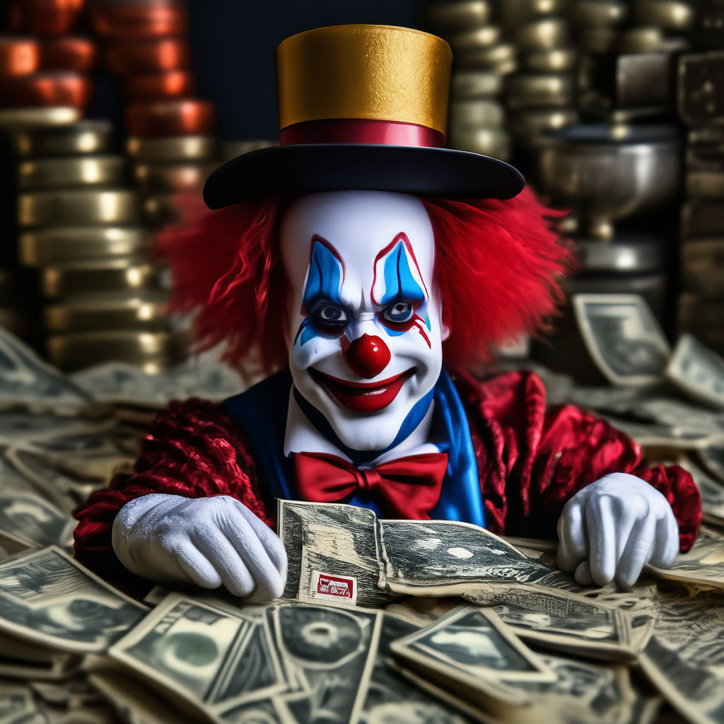 "A lot of different money and a clown" — image created in Shedevrum