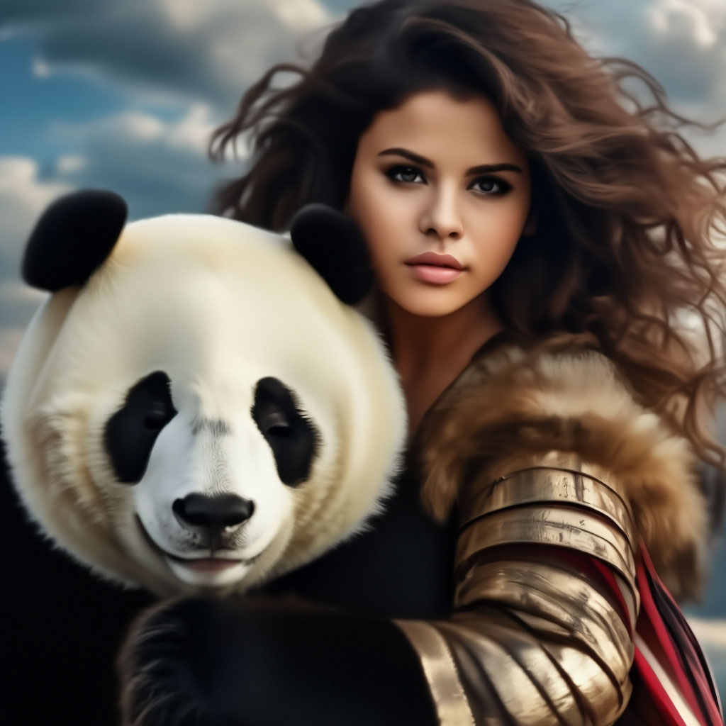 "Selena Gomes riding a panda, beautiful, professional photo, realistic ...