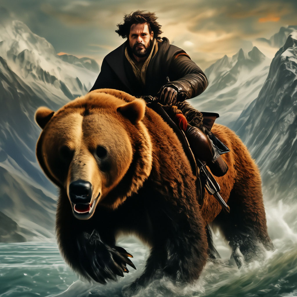 "A man riding a bear" — image created in Shedevrum