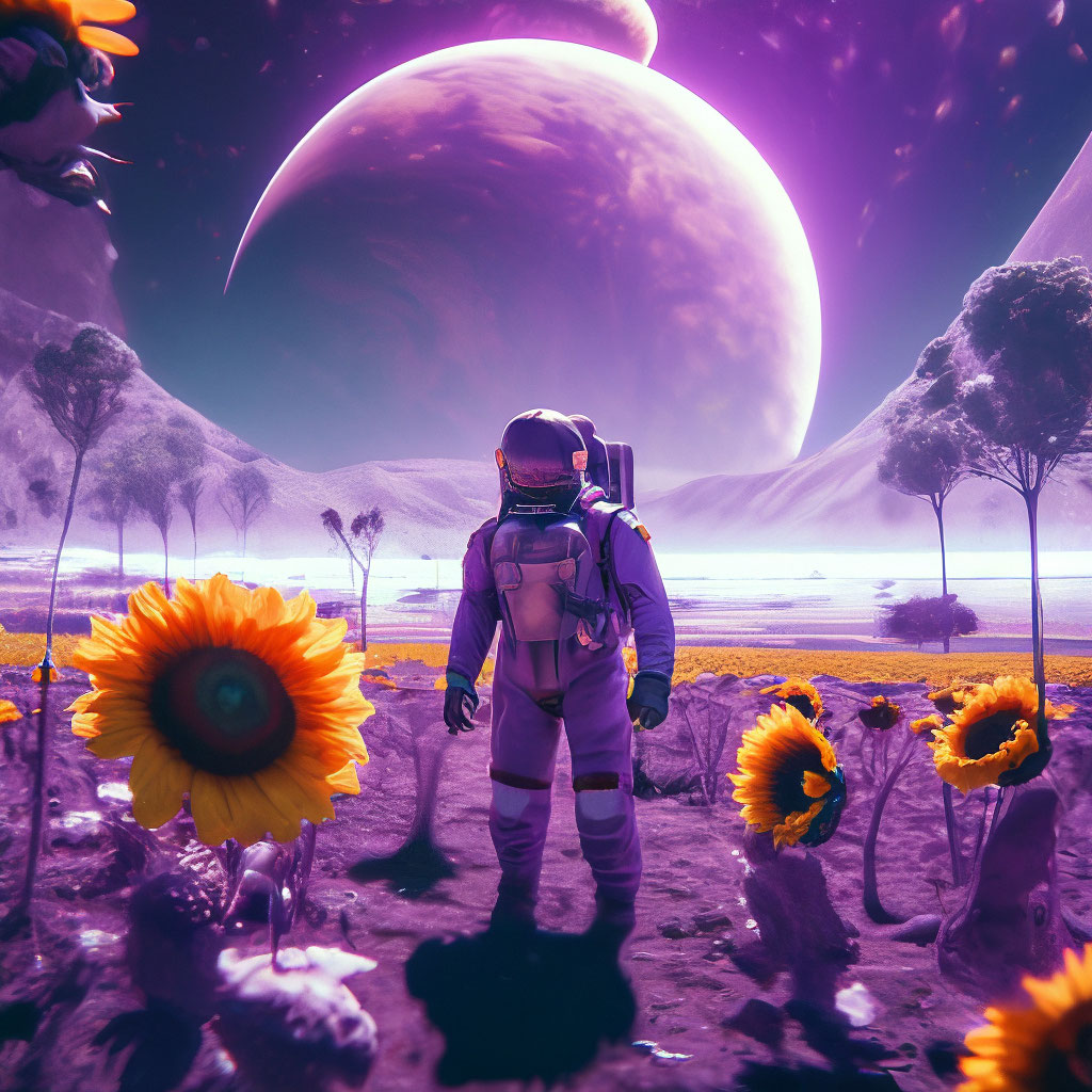 "An astronaut on an alien planet among huge sunflowers, in purple tones ...