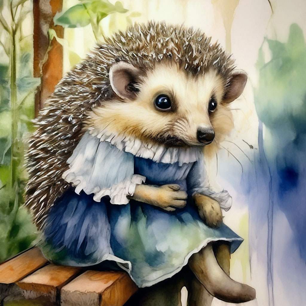 "Hedgehog watercolor fine ink drawing, close-up, sad creep ...