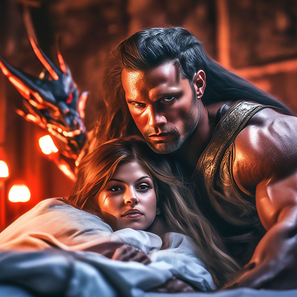 "Beautiful dwarf girl pinned on the bed by a man realistically handsome ...