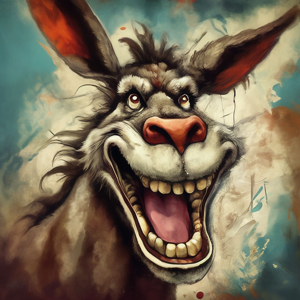 "Mad donkey, caricature, grotesque, grunge" — image created in Shedevrum