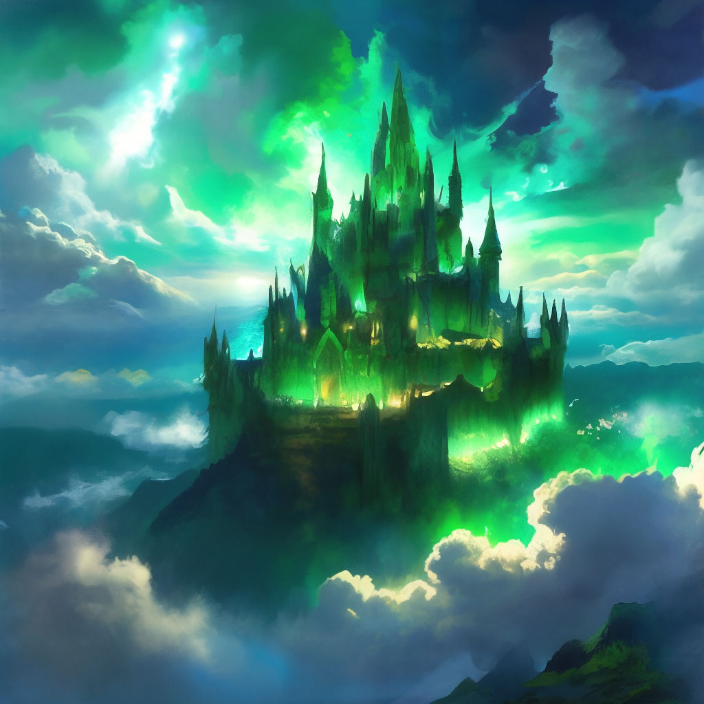 "Fabulous emerald castle, glows and soars in the clouds among the azure ...