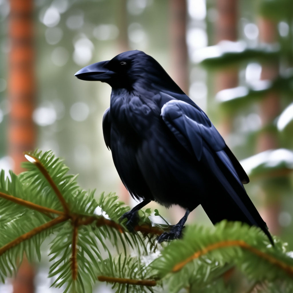"A black raven is sitting on a branch of a fir tree" — image created in ...
