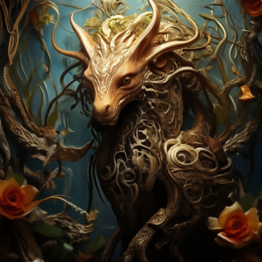 "A digital collage depicting mythical creatures intertwined with ...