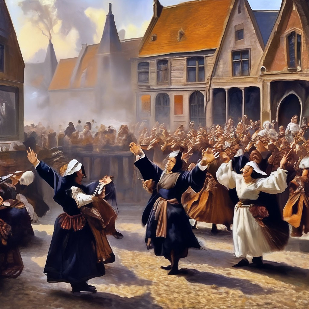 "The year is 1390... burghers dancing in the square of a medieval Dutch ...
