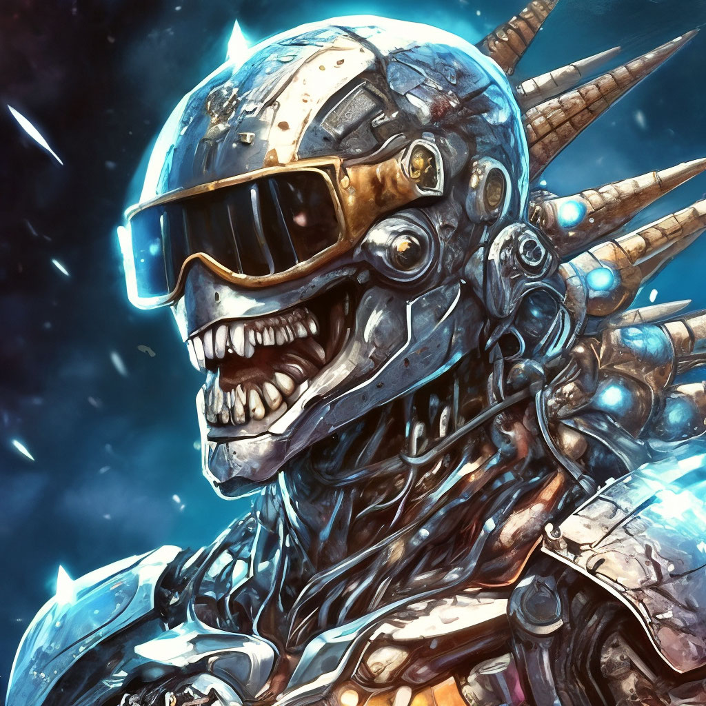 "Powerful space tin man with big teeth…" — image created in Shedevrum