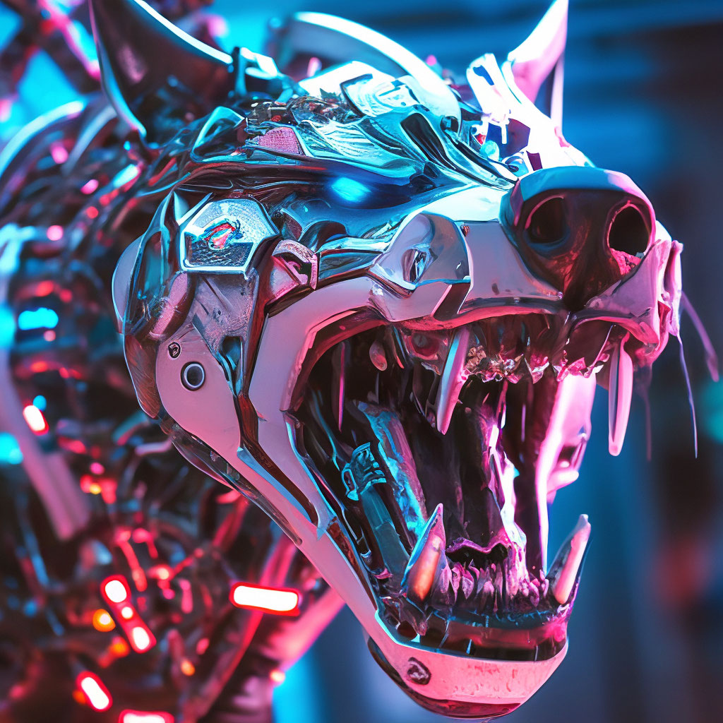 "𝓫𝓲𝓸-𝔀𝓸𝓵𝓯 biomechanical hydraulic wolf, sharp iron fangs, mouth open ...