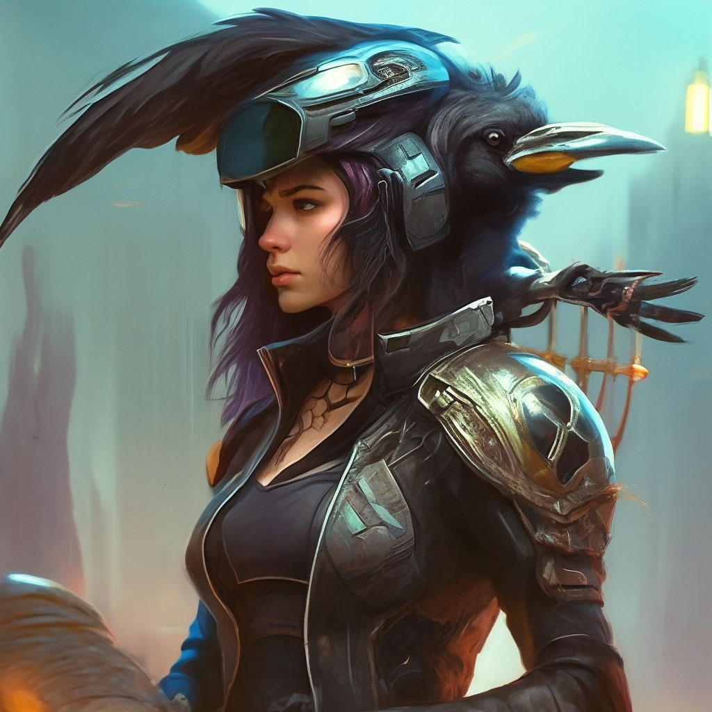 "Biker with a raven on her shoulder" — image created in Shedevrum