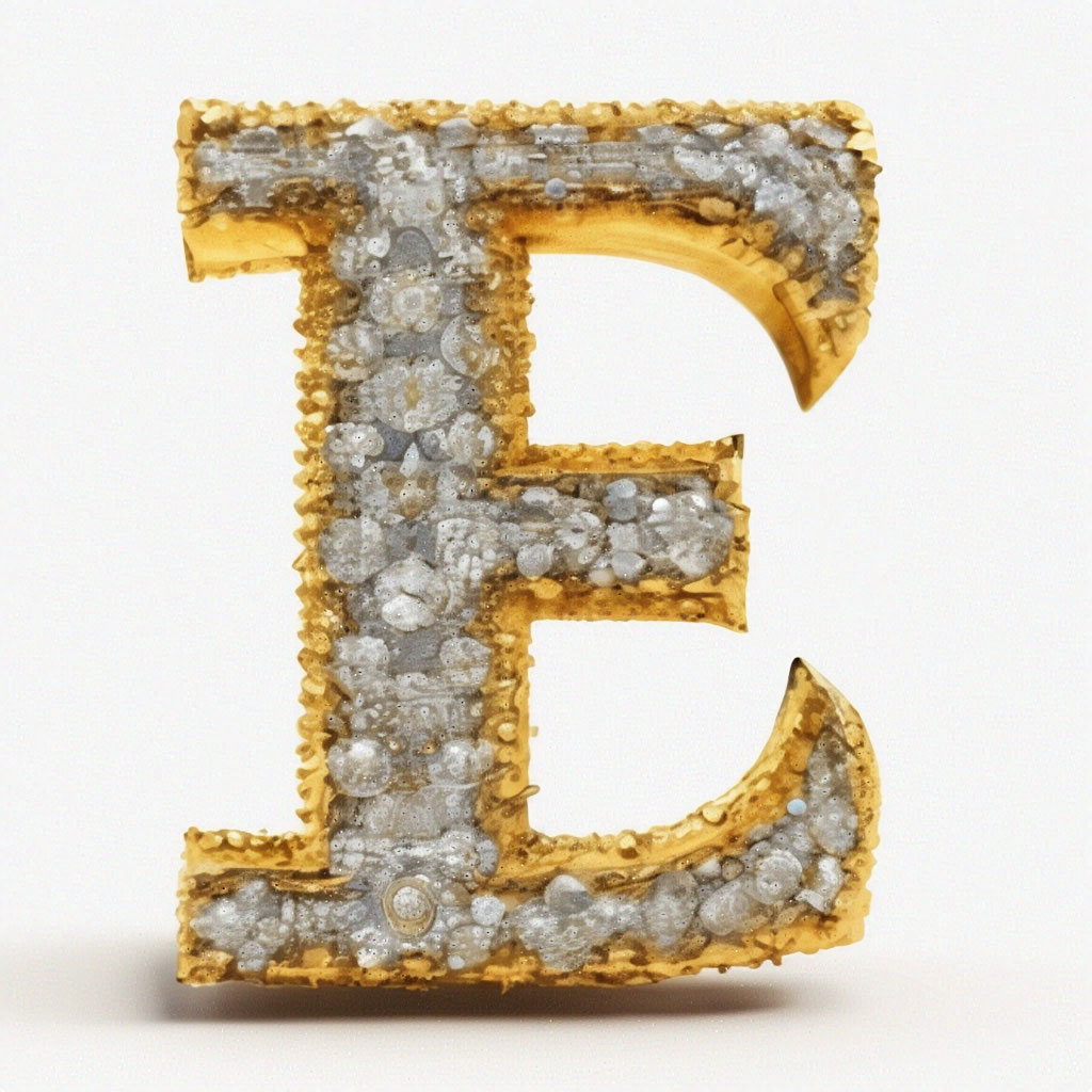 "Gold letter E engraved with diamonds, on a white background" — image ...