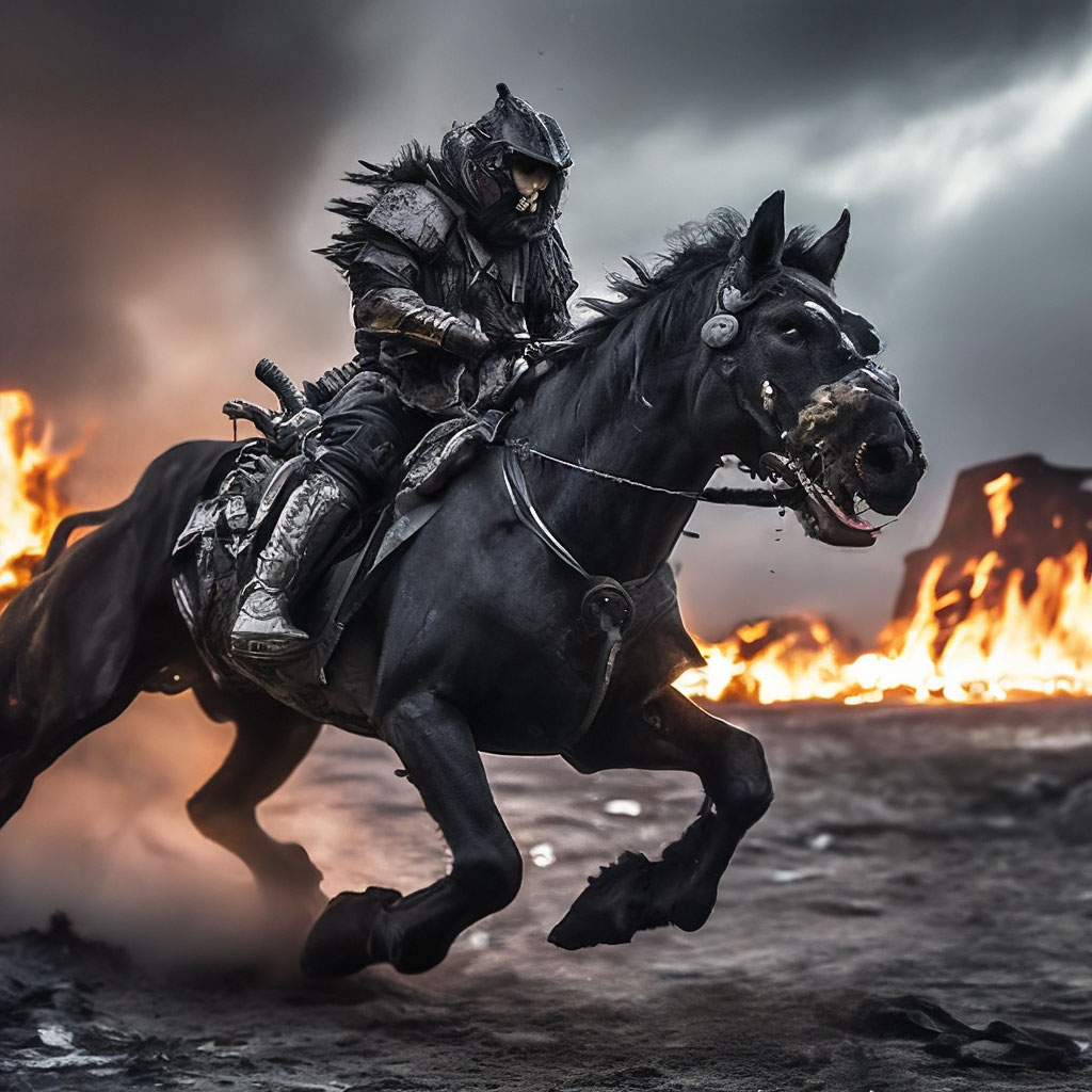 "Lobo Spitz montando un bucéfalo negro…" — imagen creada en Shedevrum