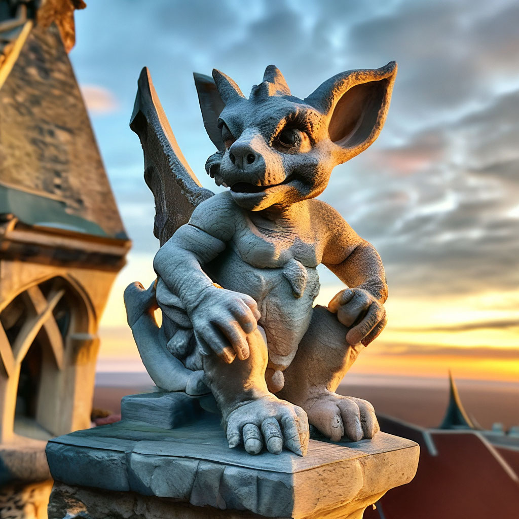 "Cute marble gargoyle on the roof of a…" — image created in Shedevrum