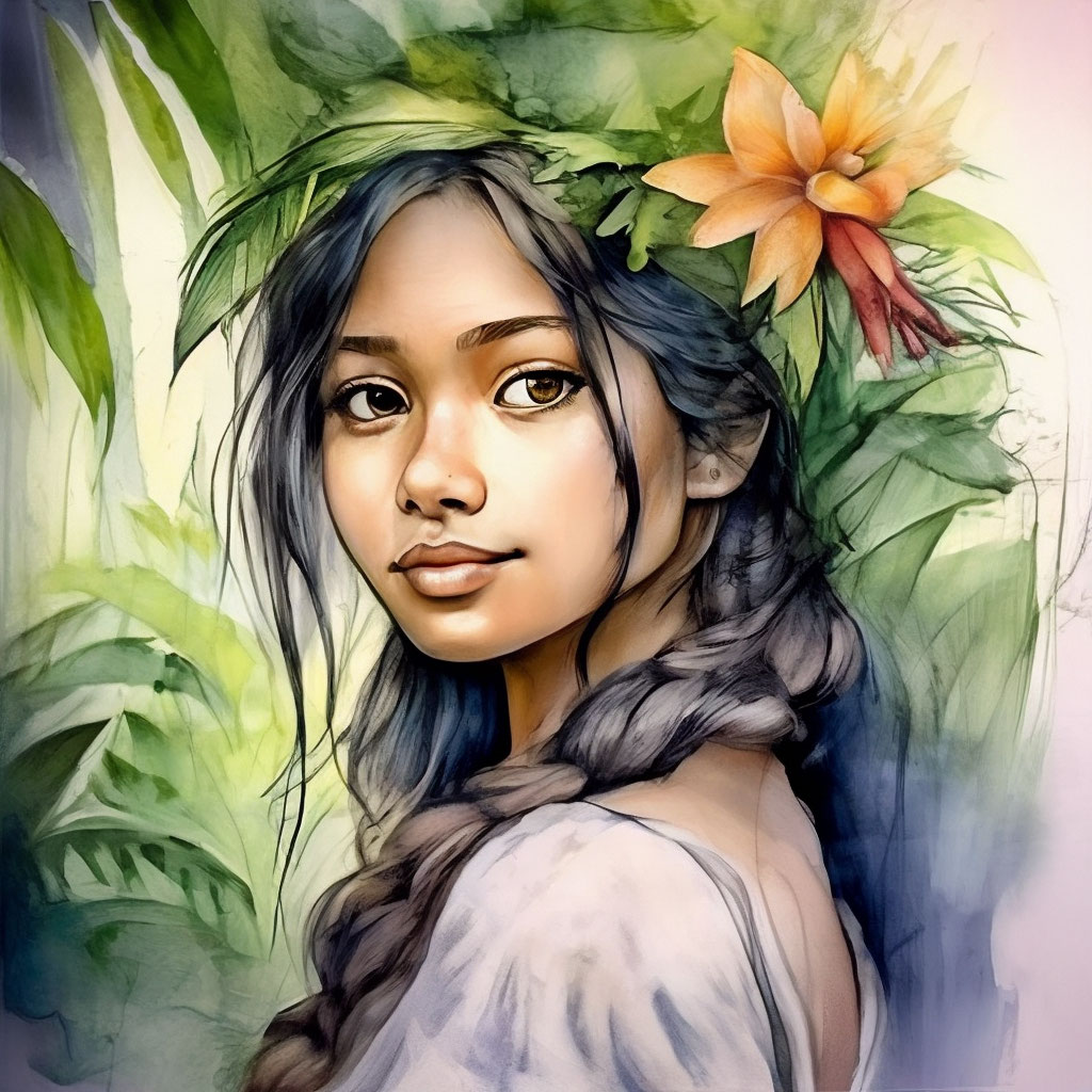 "Rainforest of the Amazon girl watercolor sketch, clear, subtle ink ...
