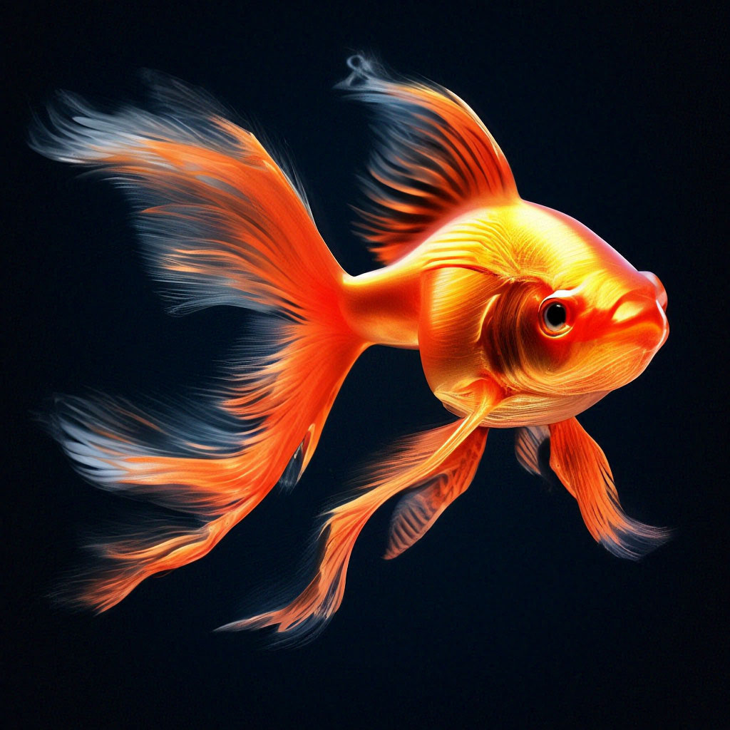 "Beautiful goldfish, air bubbles, metallic scales, shiny, orange, neon ...