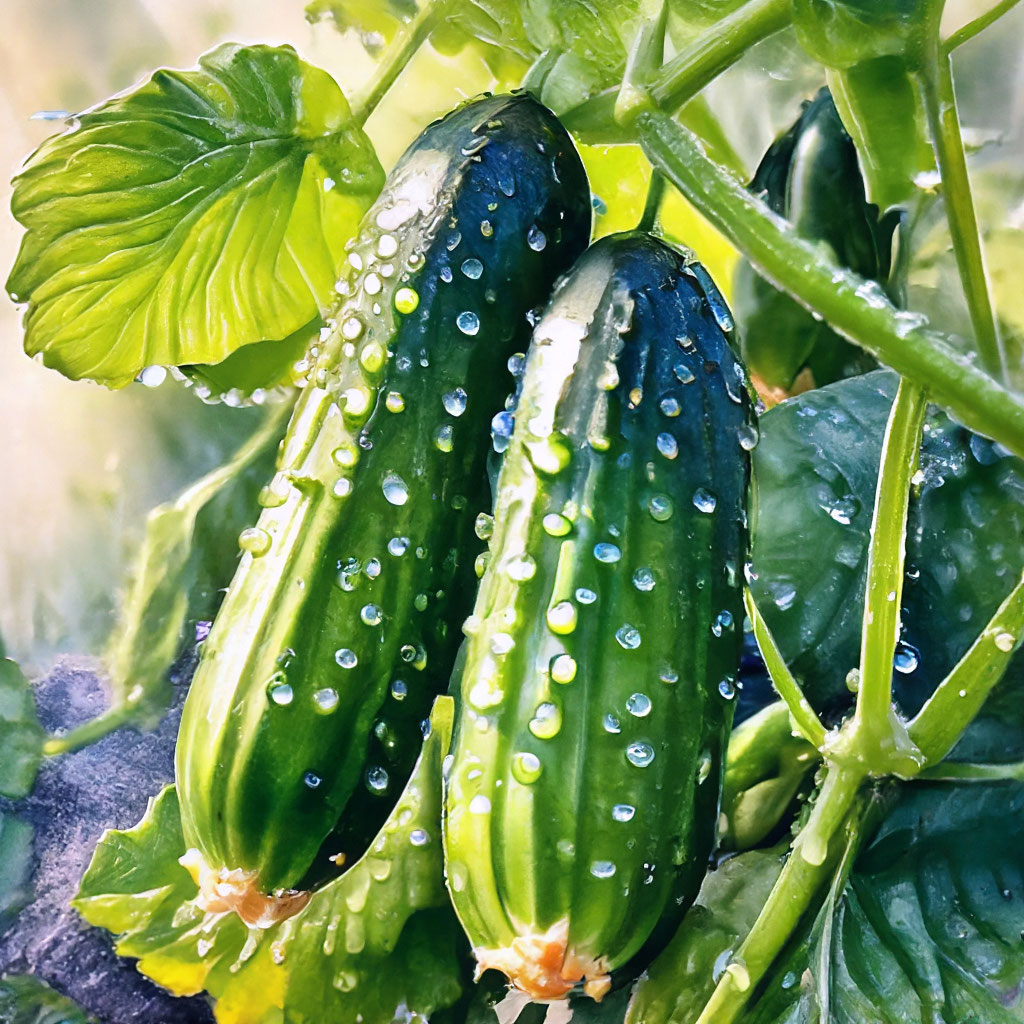 "💫🌹a large bush of beautiful cucumbers, with green tops, pearl dew ...