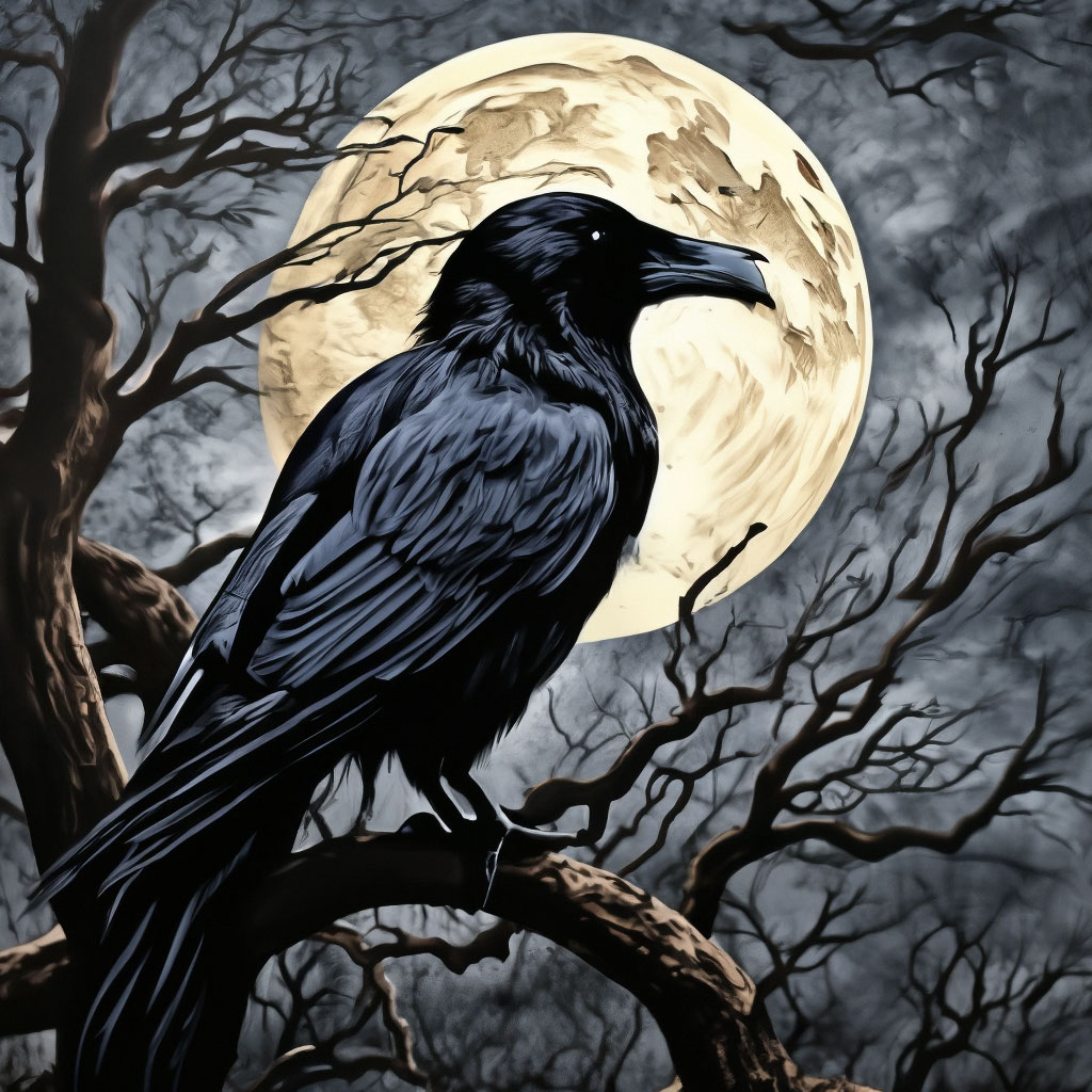 "Crow, full moon, graphic drawing" — image created in Shedevrum