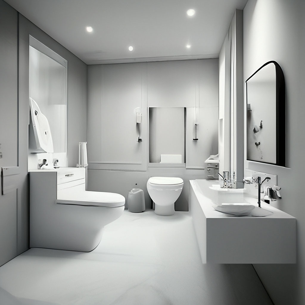 "Snow-white toilet dressing room in minimalist style interior, detailed ...