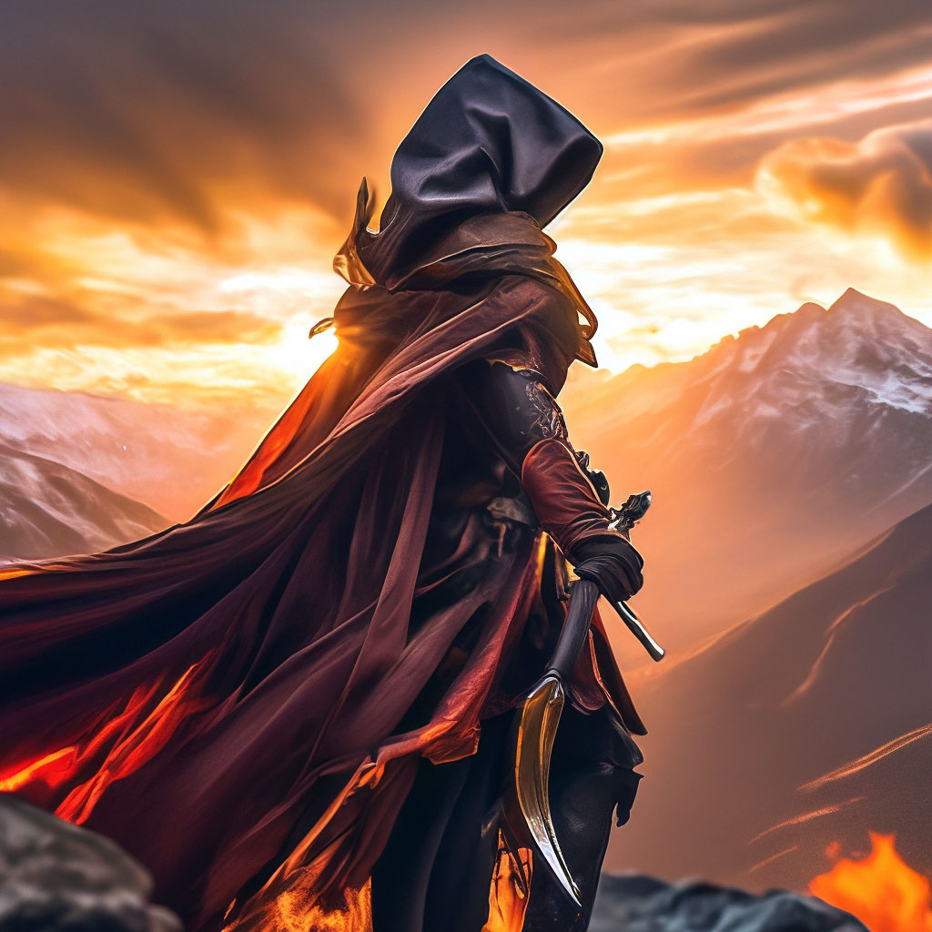 "Hyperrealism, mysterious female warrior ranger in a hooded cloak and ...