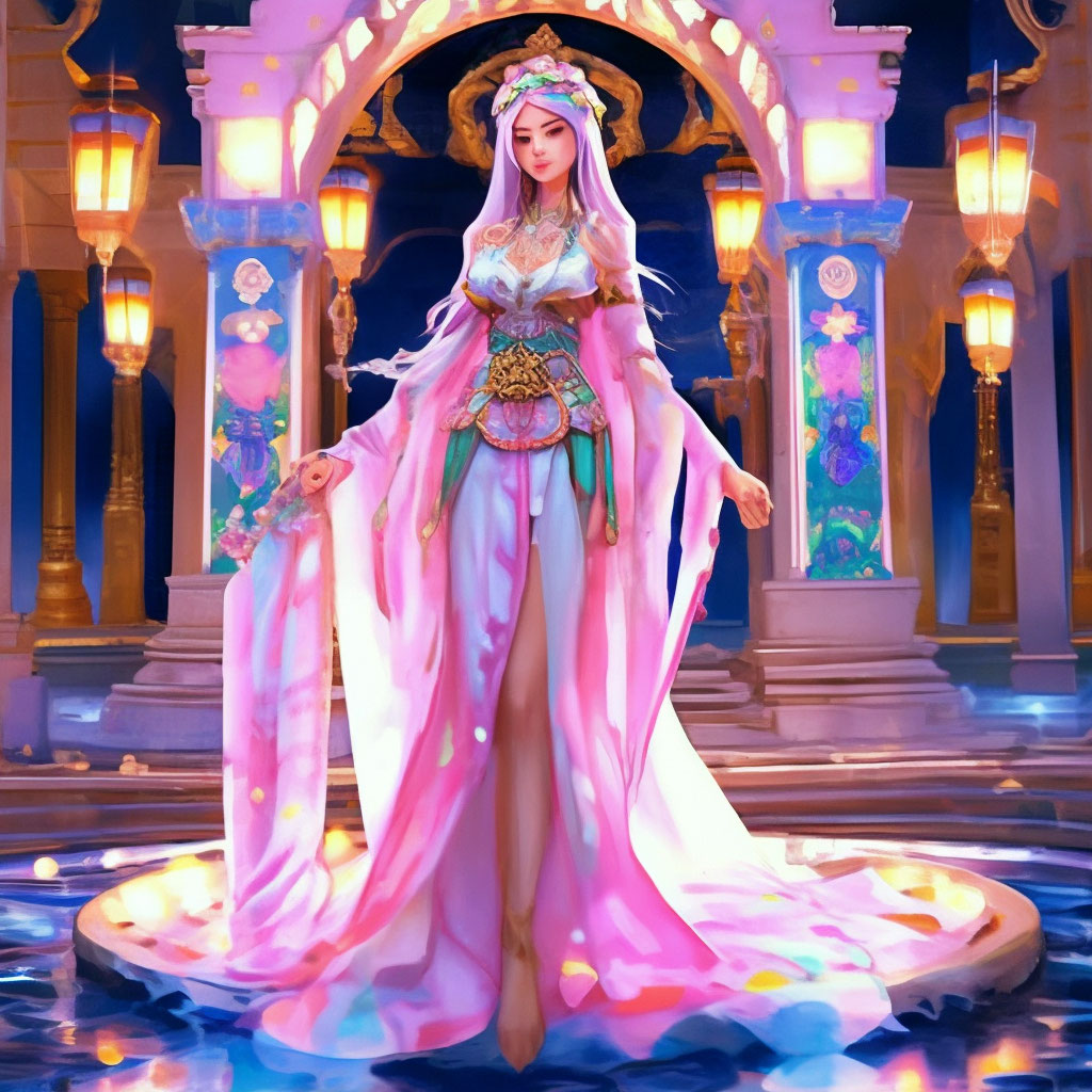 "In the palace of the goddess there is a large arch with a waterfall ...