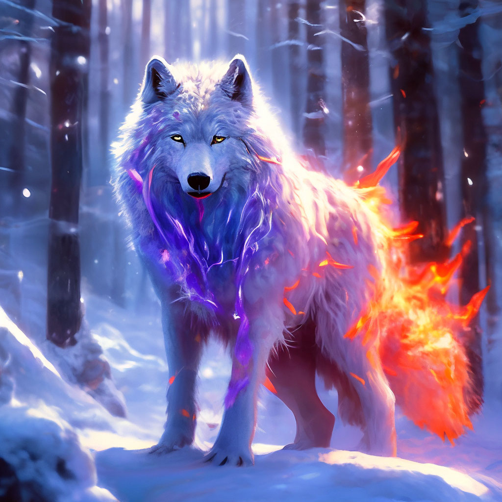 "Snowy forest, fluffy wolf, divided in…" — image created in Shedevrum