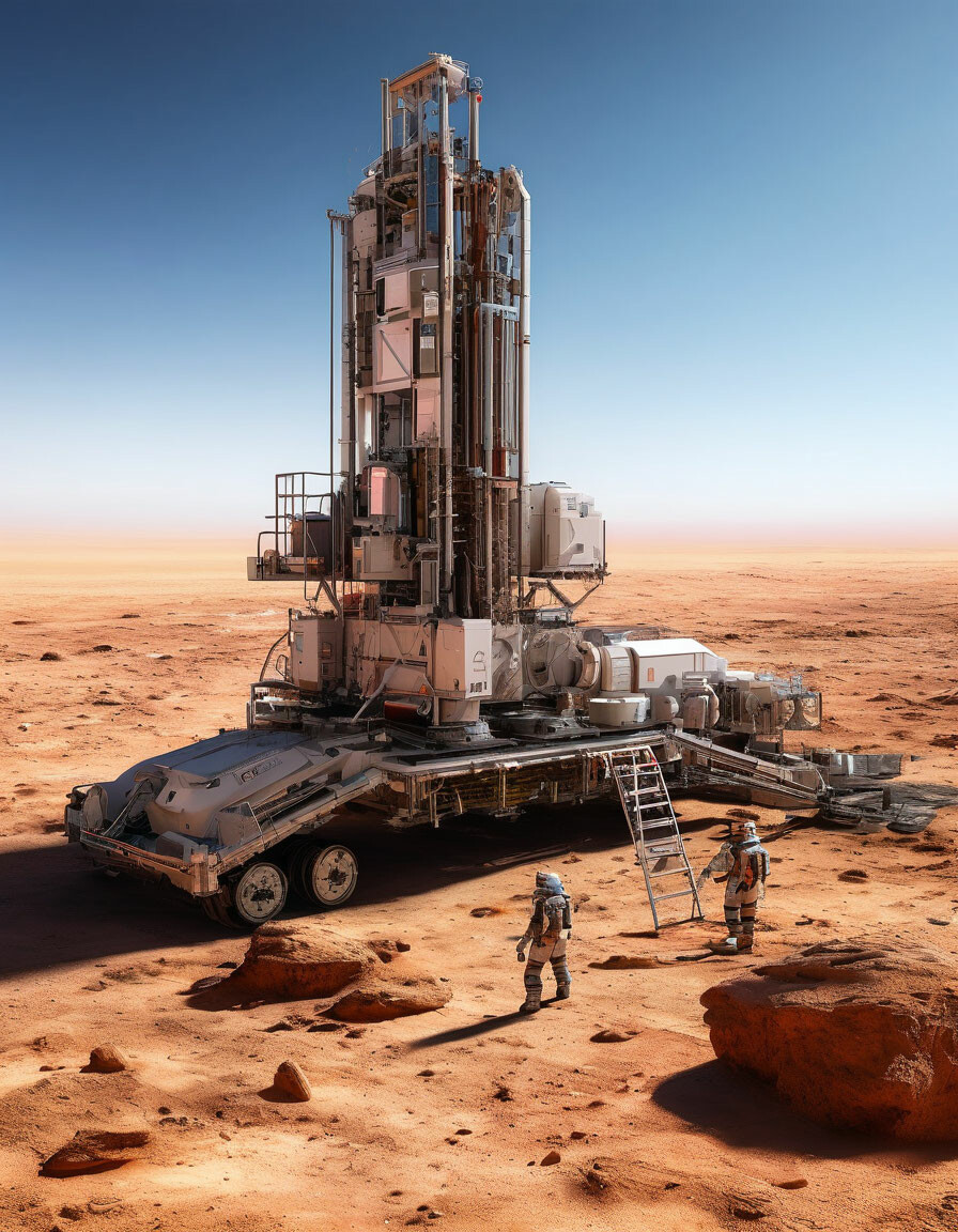 "Astronauts mount a drilling rig on the surface of Mars detailing ...