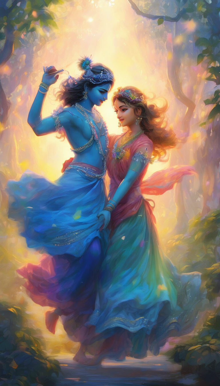 "Radha Krishna Blue dancing in the Vrindavan forest Rainbow pastel ...